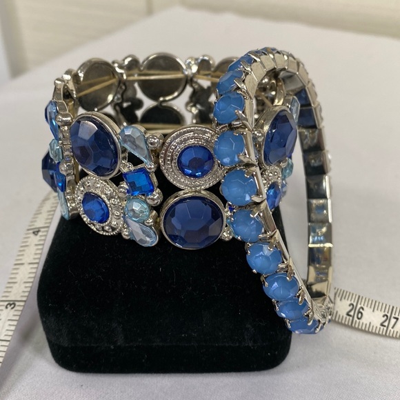 Jewelry | Two Sparkly Silvertone And Blue Rhinestone Bracelets | Poshmark
